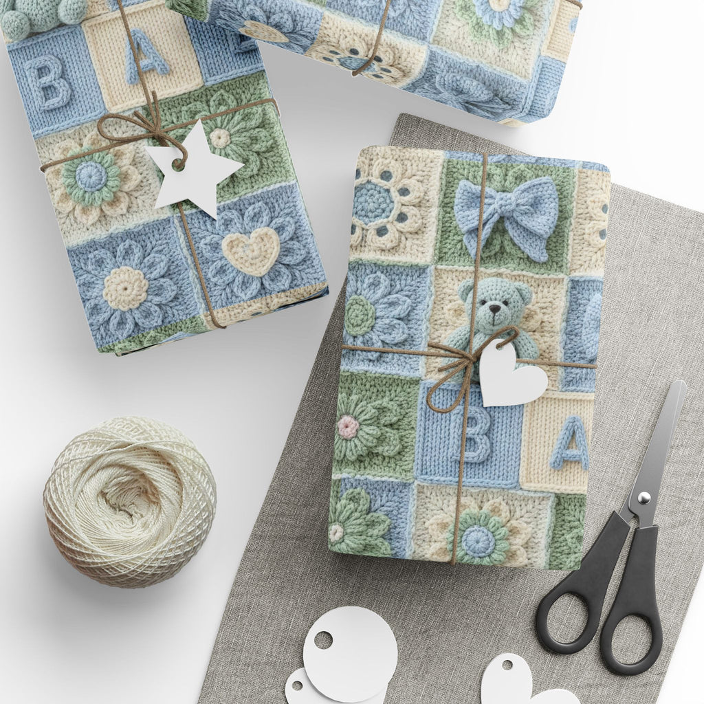 Baby Knit Blue Patchwork Wrapping Paper for Baby Shower | GiftWrapz