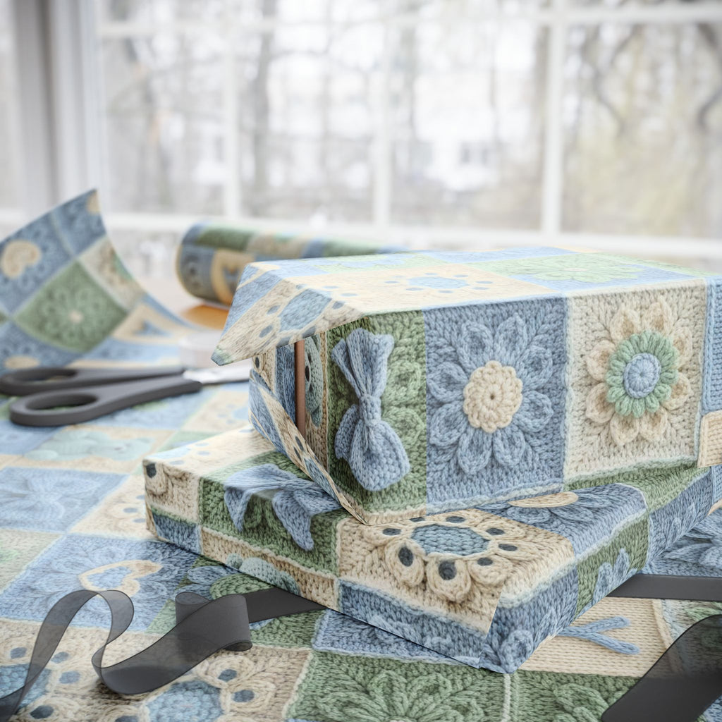 Baby Knit Blue Patchwork Wrapping Paper for Baby Shower | GiftWrapz